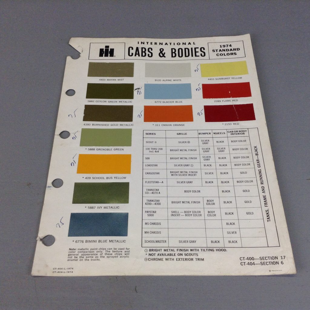 IH 1974 Cab and Body Standard Colors Paint Chip Sheet - IH Scout